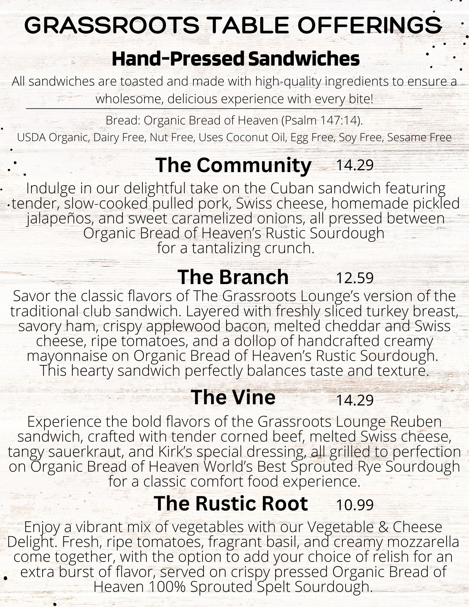 Table Offerings/Menu – Grassroots Lounge